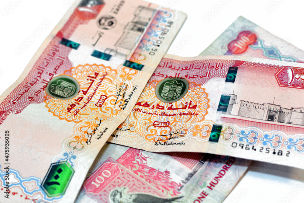 Selective focus of 100 AED one hundred Dirhams banknote currency of ...