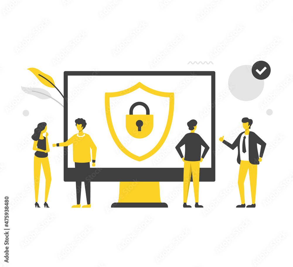 Computer security. Flat vector illustration. People and computer with ...