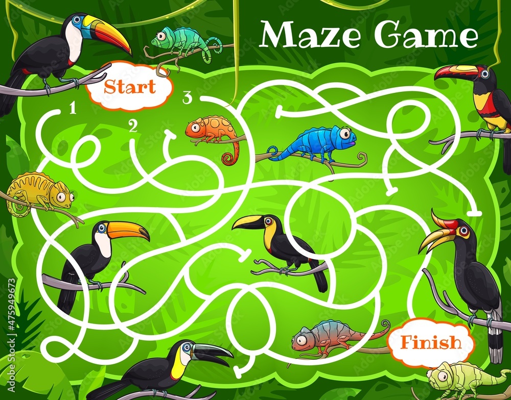 Labyrinth maze game with tropical animals in jungles, vector kids ...