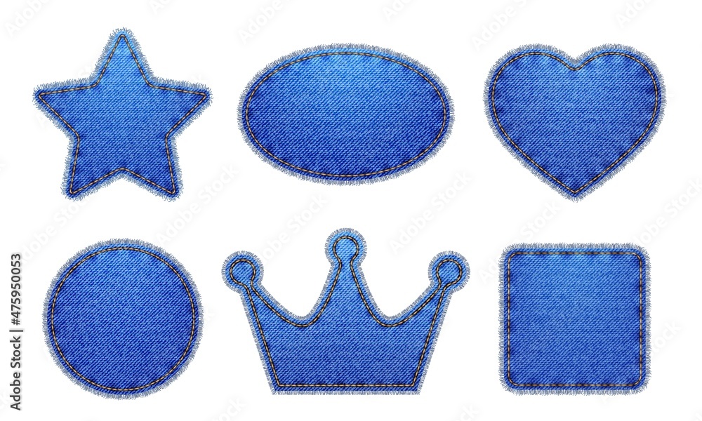 Blue denim jeans patches and labels of crown, circle and heart, vector ...