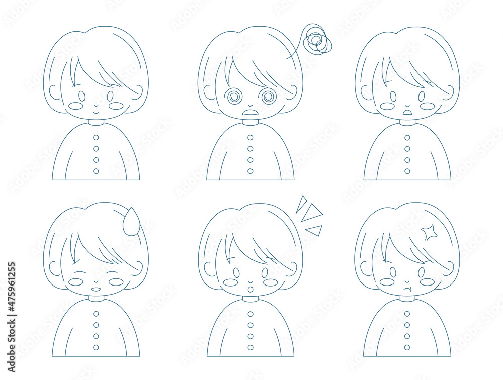 Outline simple cute girl emotions set. Vector sketch woman face contour ...