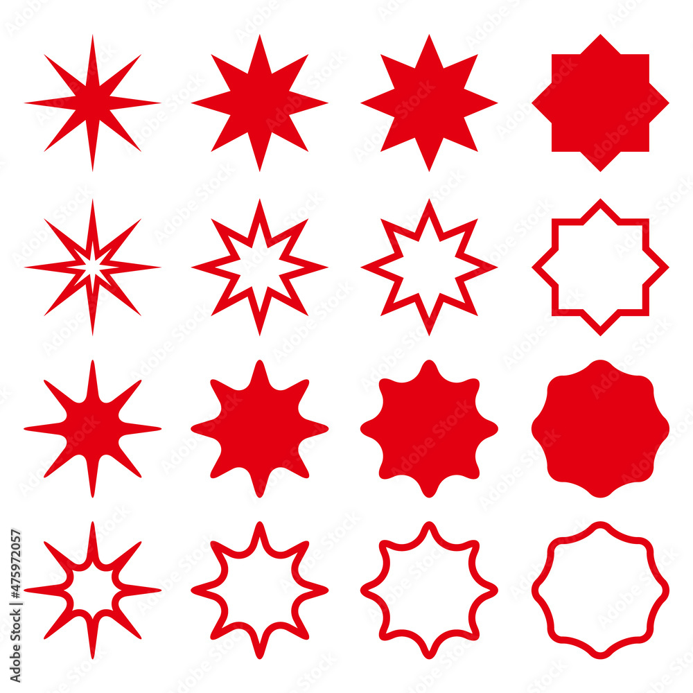 Star shapes collection. Silhouetes and outline red eight pointed stars ...