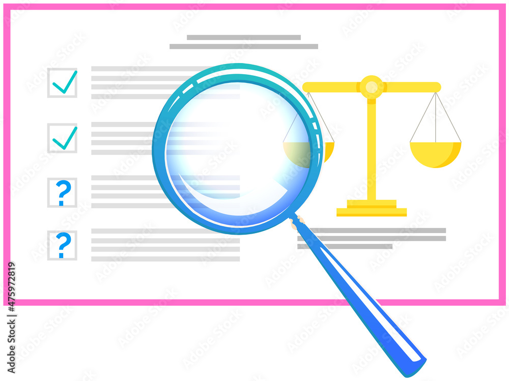 Task list with magnifier, scales vector elements. Business flat icons ...