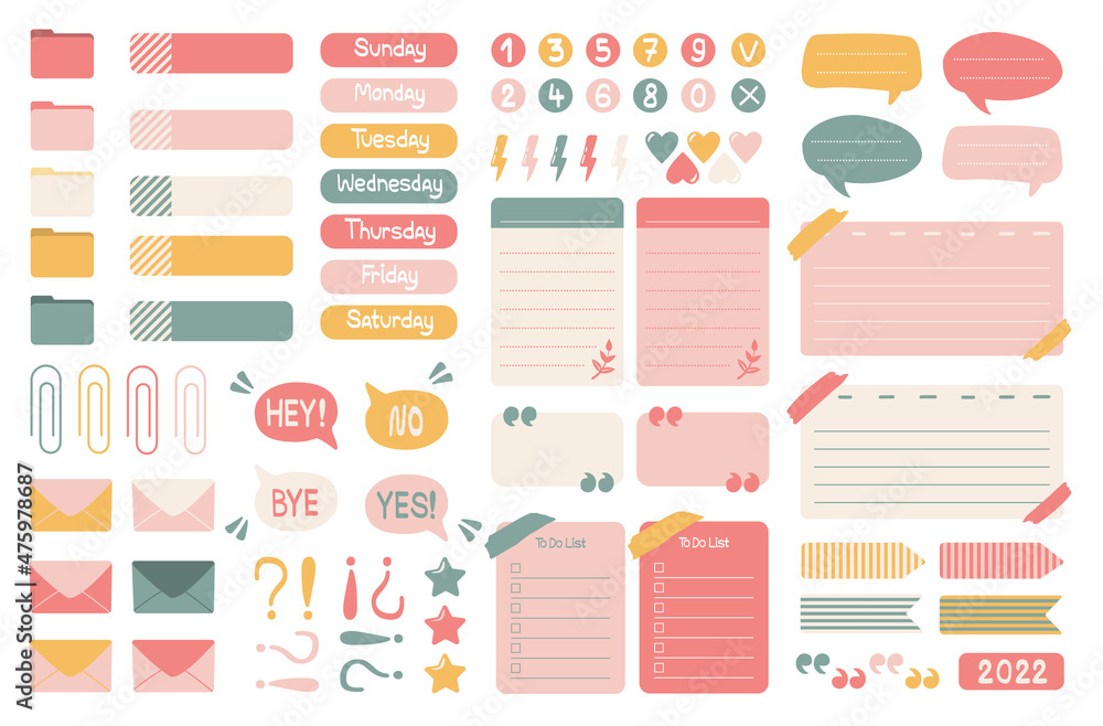 Set of items for notepad, planner or day planner. Bullet journal vector ...