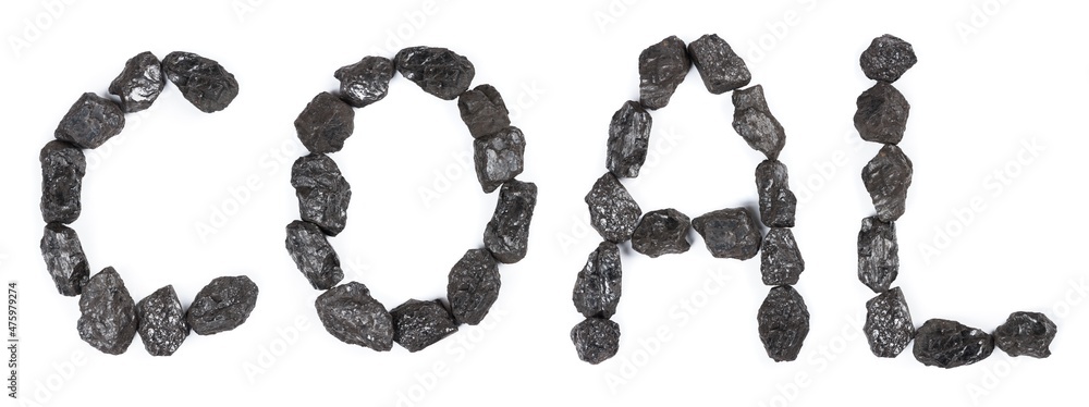 Word Coal made from black stone coal isolated on white background top ...