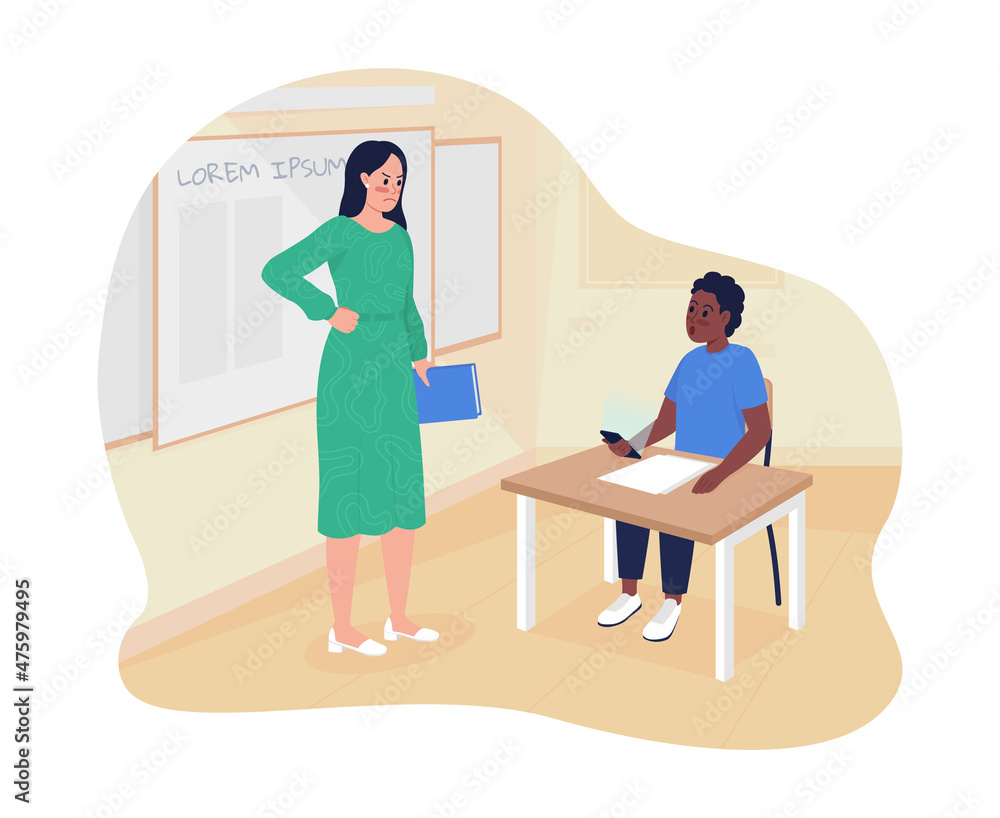 Using smartphone during class 2D vector isolated illustration. Female ...