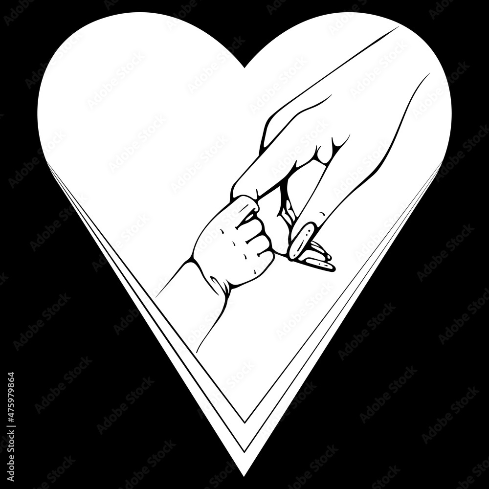 Mother hand hold baby hand in the shape of heart. Vector hand drawn ...