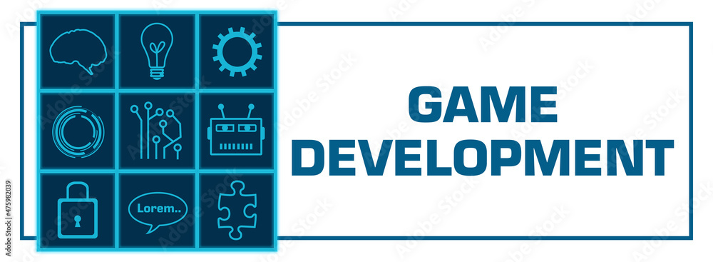 Game Development Blue Neon AI Symbols Grid Left Box Text Stock ...