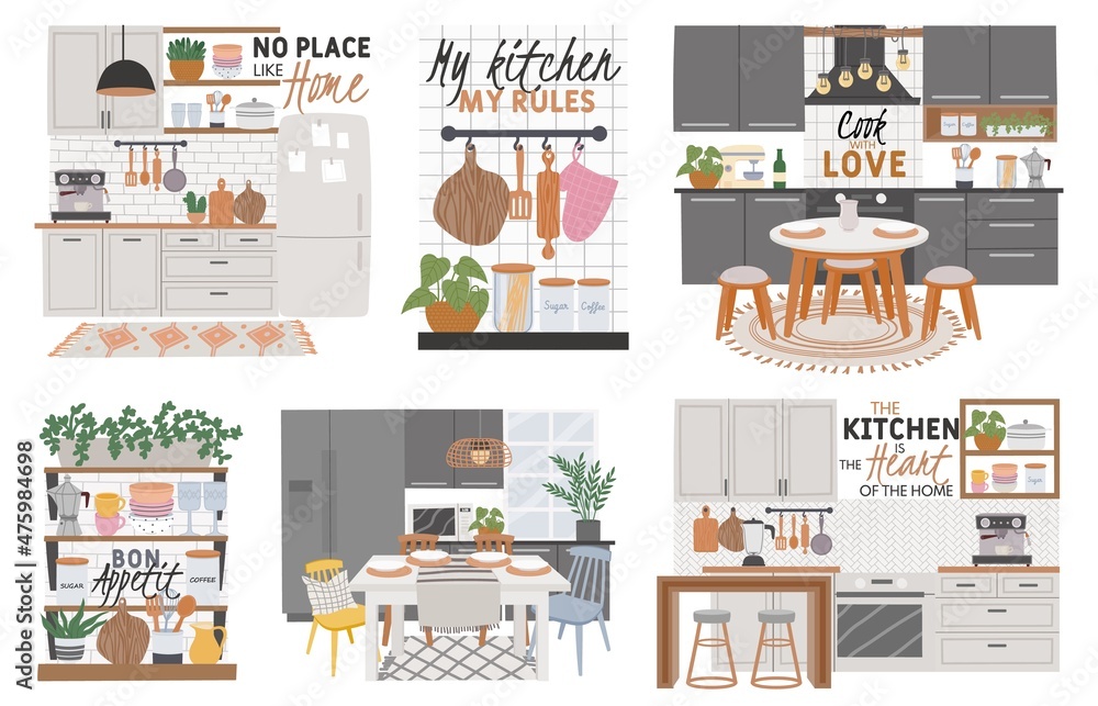 Posters with cozy kitchen room interiors and cook quotes. Kitchens ...