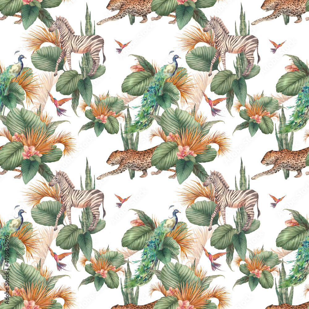 Jungle fauna seamless pattern. Exotic animals and plants wallpaper ...