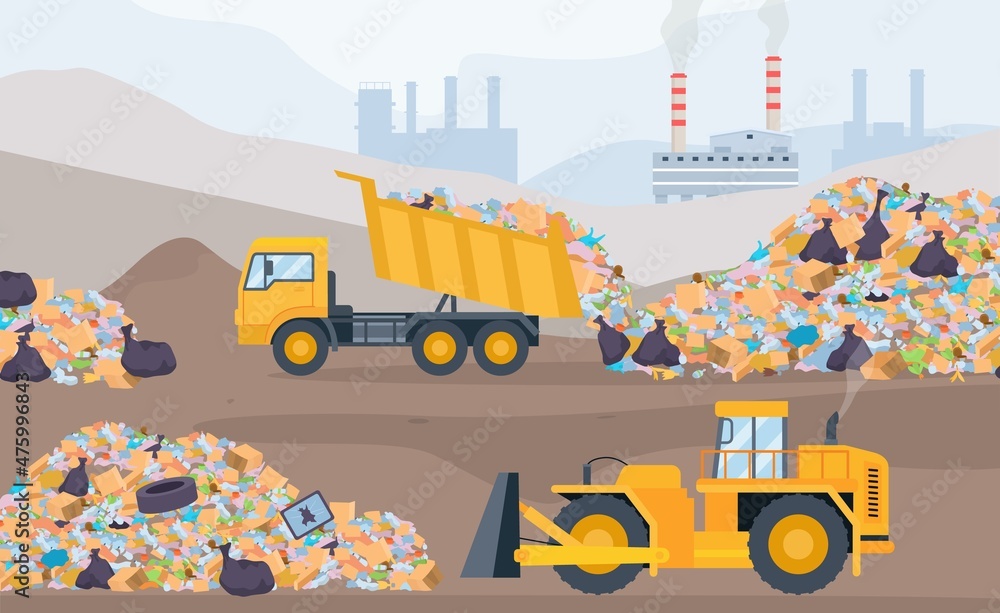 Landfill landscape with trash piles, bulldozer and garbage truck ...
