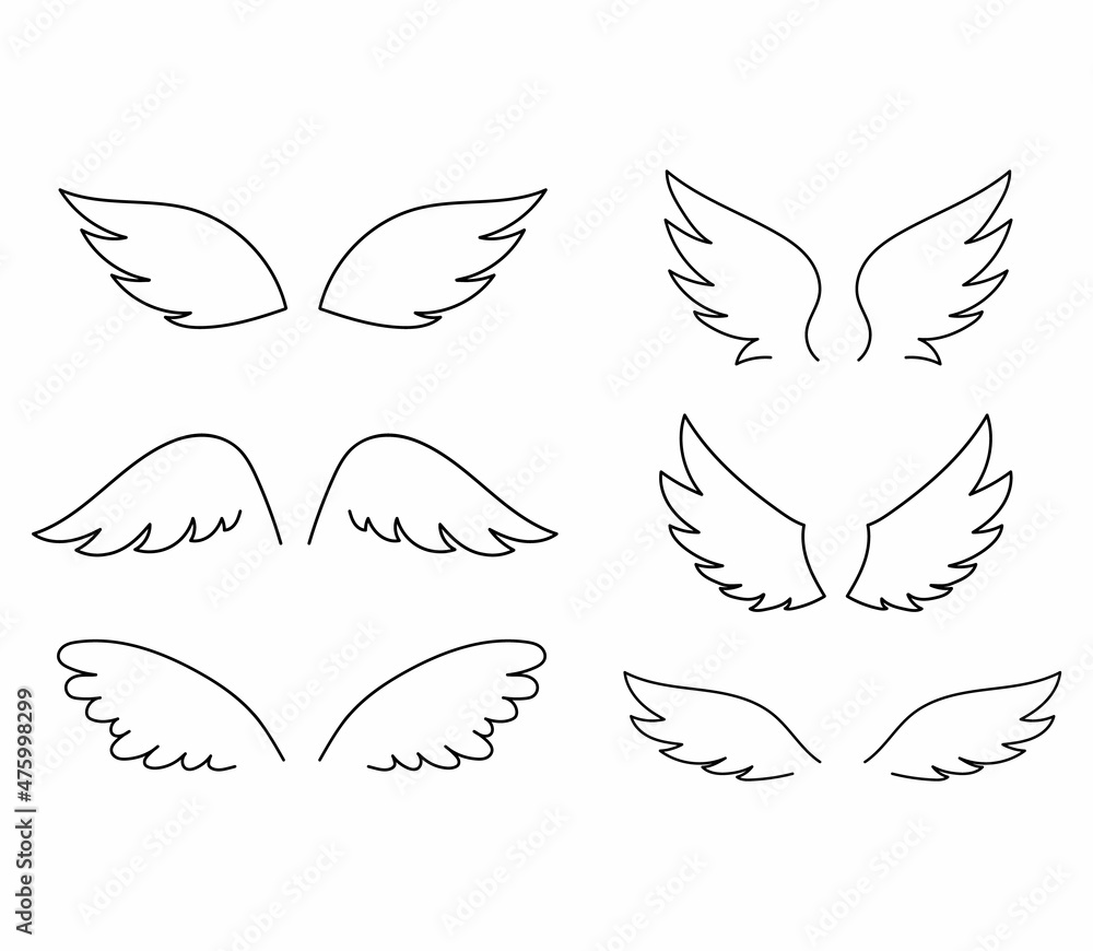 Cute wings set isolated on white background. Vector outline icons angel ...