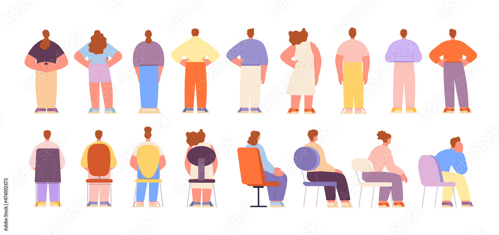 People in different poses. Backs characters, isolated standing and ...