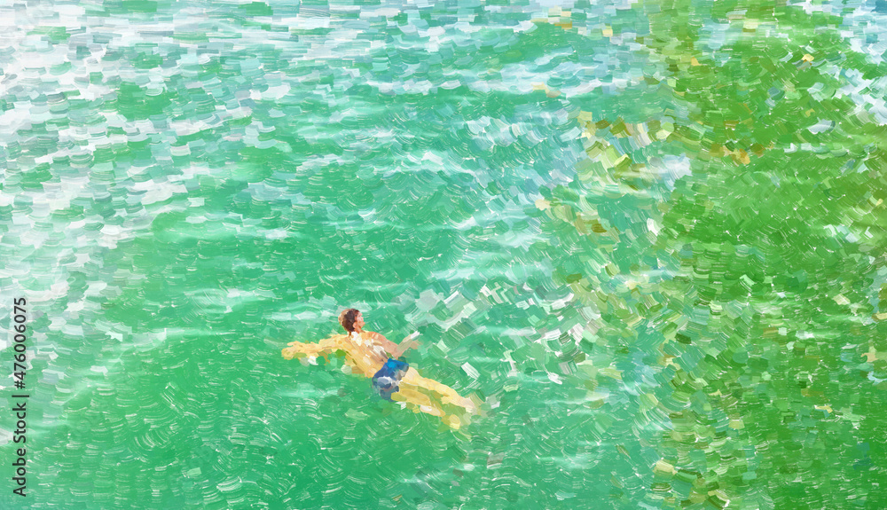 Person in swimsuit swimming. Abstract oil painting man floating in sea ...