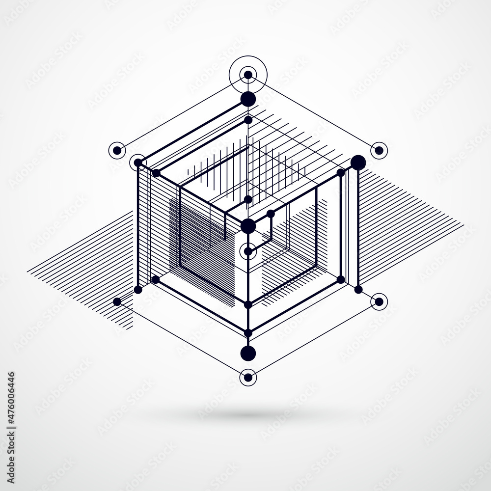 Isometric abstract black and white background with linear dimensional ...