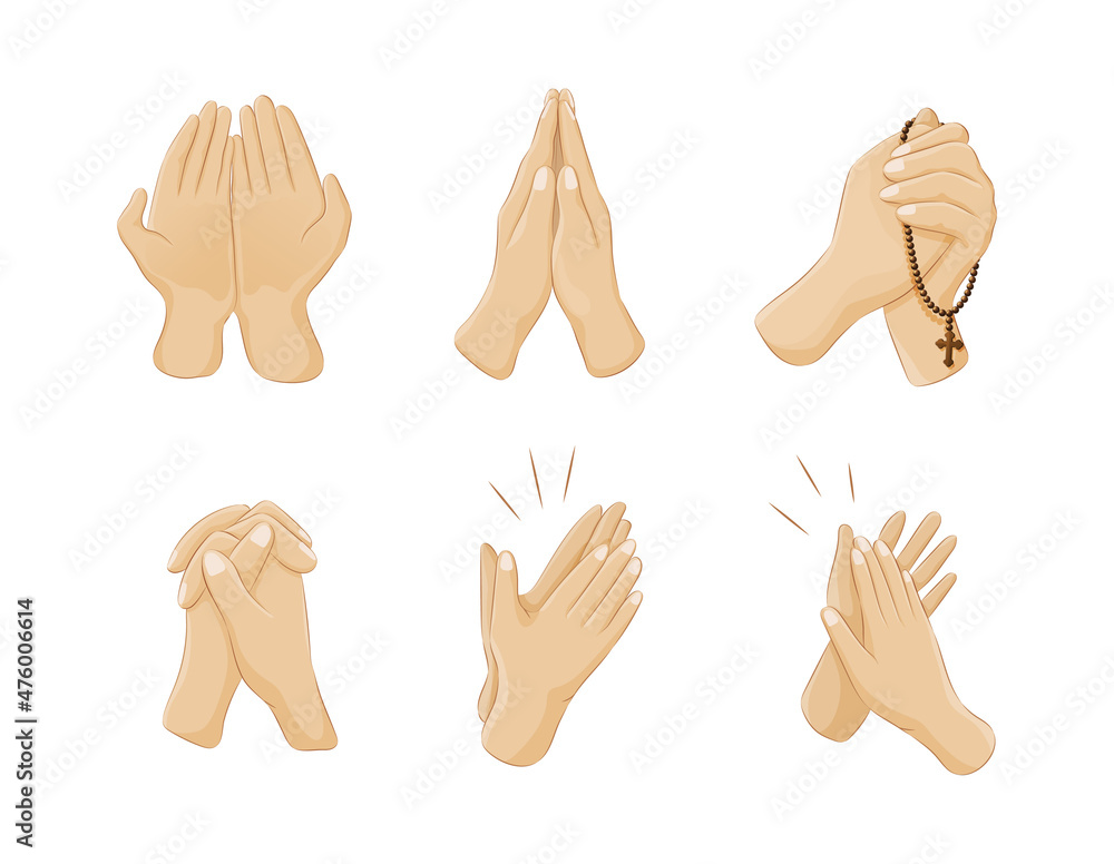 Human hands positions set. Person arms praying hopeful with beads God ...