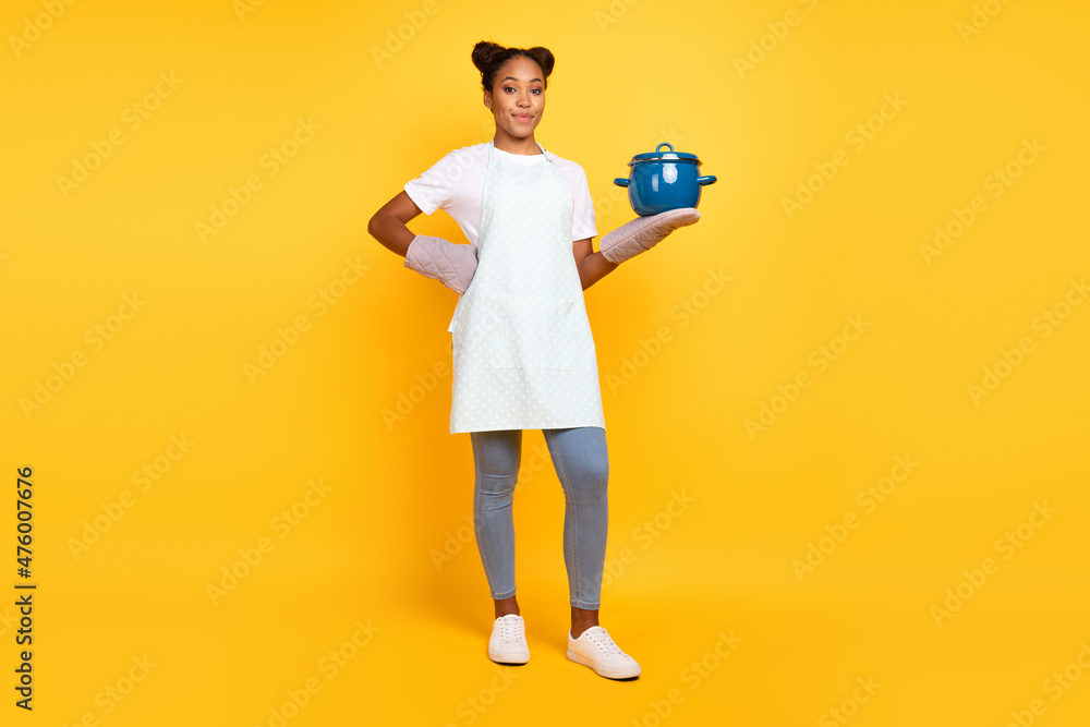 Full body photo of young african woman cook dinner healthy diet ...