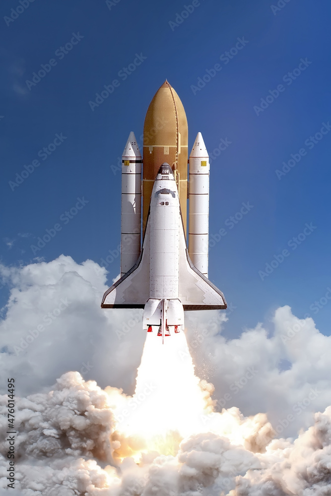 Spaceship takes off into the sky. Rocket starts into space. Concept ...