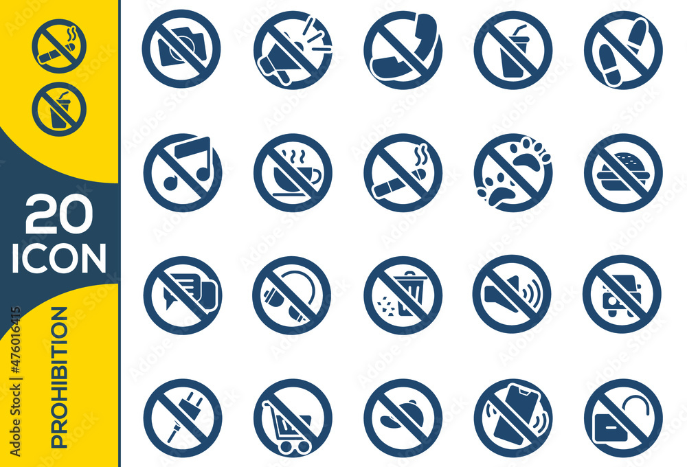 Prohibition signs, set vector illustration. Prohibition glyph icon set ...