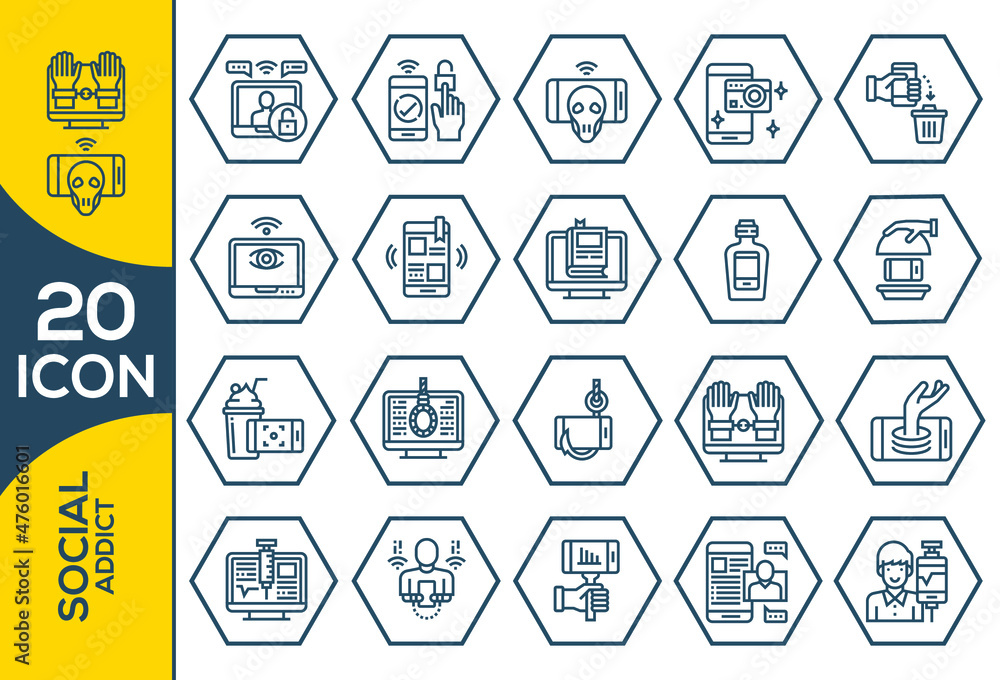 addict man and set of addiction symbols, outlined vector. People using ...