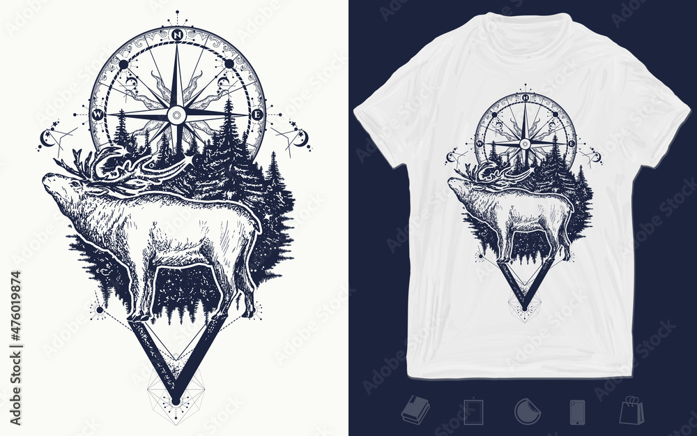 Reindeer and compass tattoo. Adventure, travel, outdoors, symbol. T ...