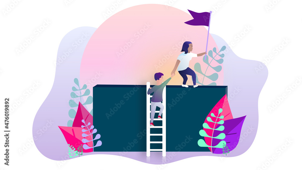 Two people use teamwork to overcome a challenge and achieve goals ...