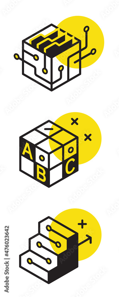 Set of creative icons. Boxes, lines, dots, letters, circles. Symbols of ...