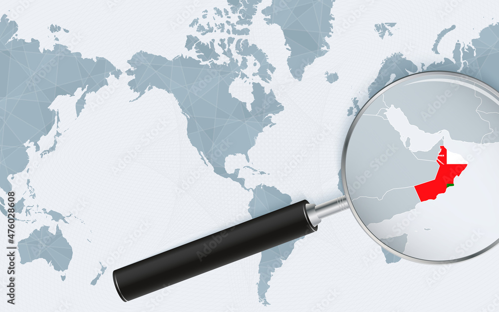 Vetor de Enlarged map of Oman on America centered World Map. Magnified ...