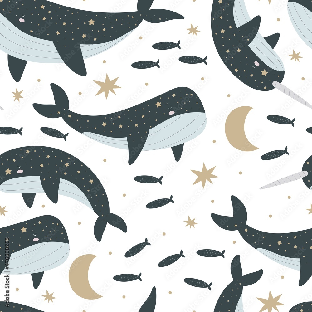 Seamless pattern with cartoon whale, narwhal, stars, décor elements ...