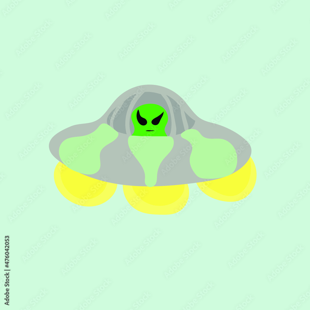 flying alien in UFO, cartoon of green alien in flying spaceship Stock ...