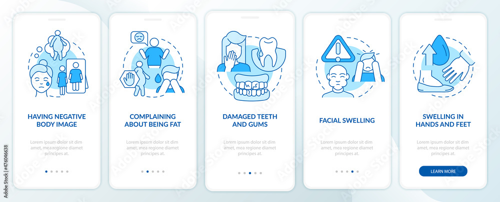 Bulimia signs blue onboarding mobile app screen. Damaged teeth and gums ...