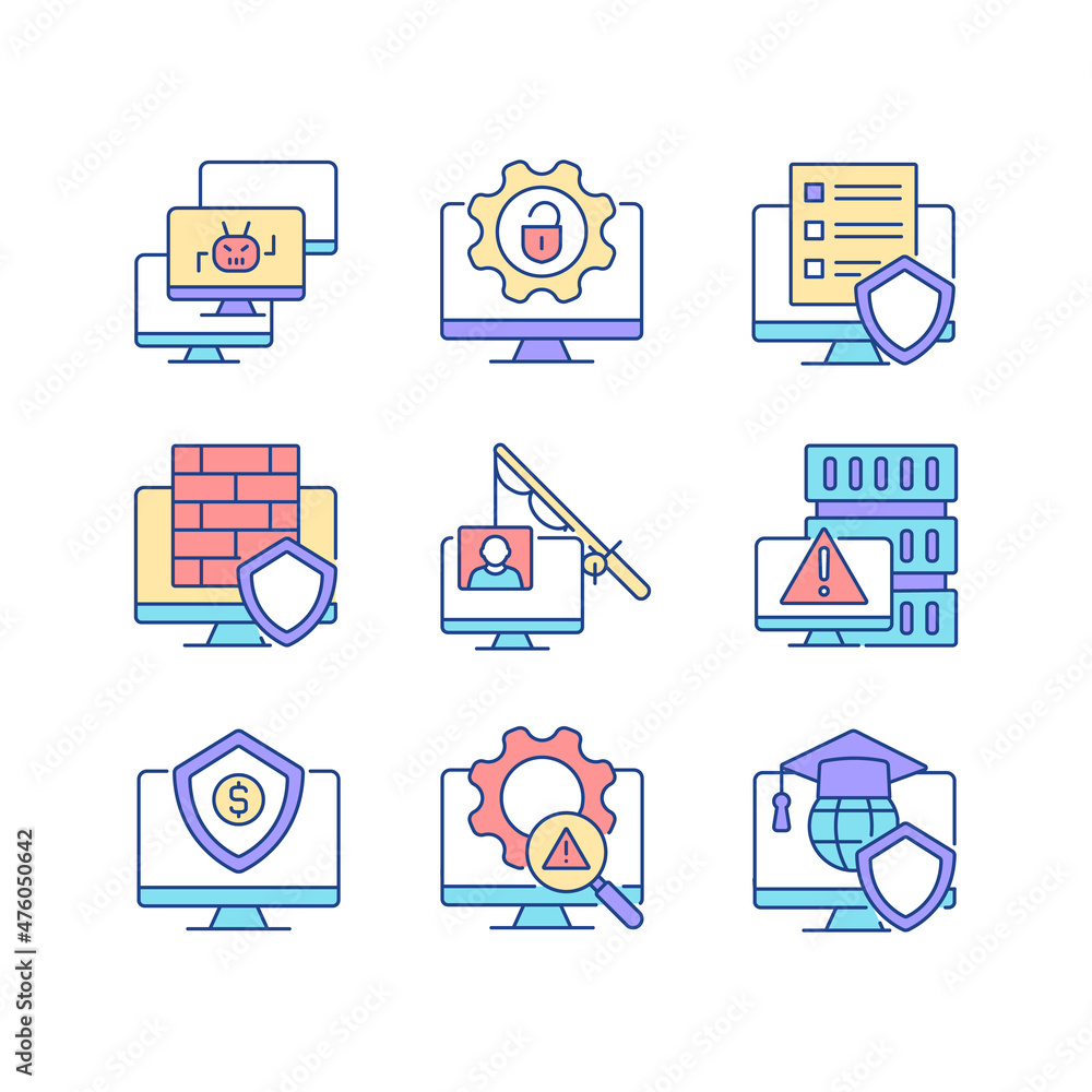 Cybercrime and its prevention RGB color icons set. Phishing and Dos attack. Cybersecurity ...