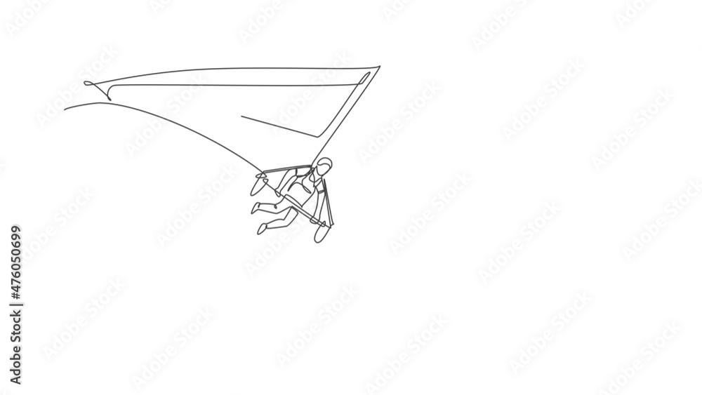 Animation of one single line drawing of young sporty man flying with ...