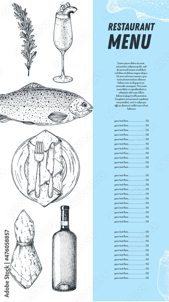 Restaurant menu. Food top view. Sketch illustration. Food menu design ...