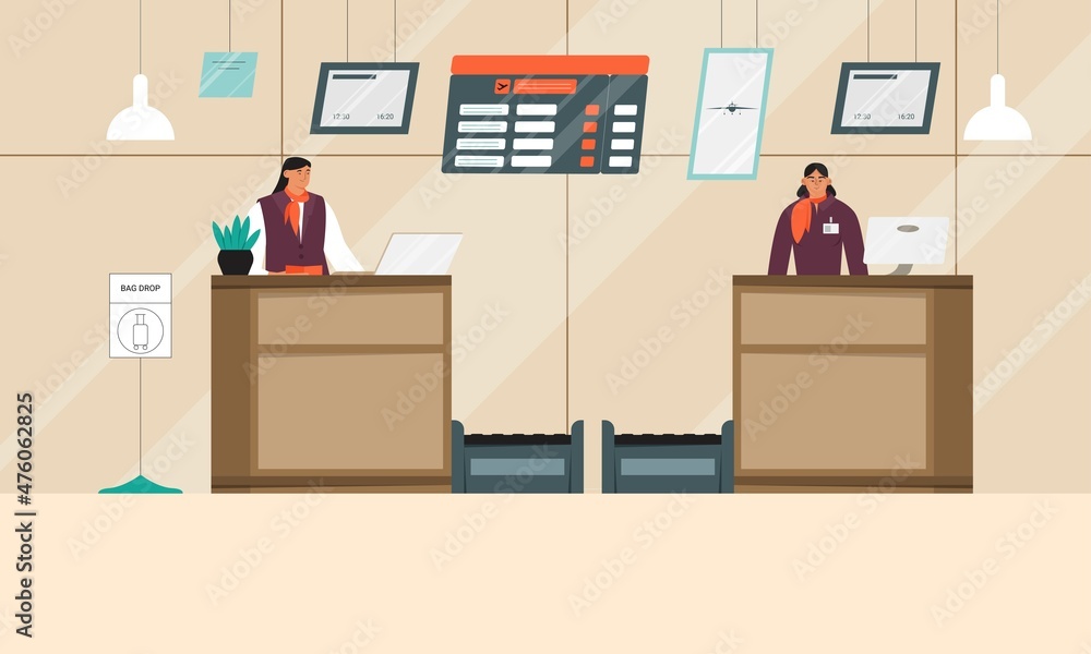 Check in or gate desk with flight attendants and departures table ...