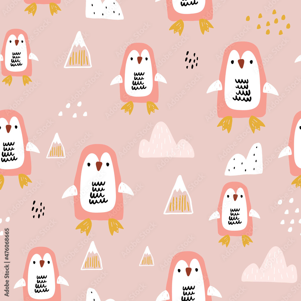 Cute seamless penguin pattern on pink. Cartoon penguins, icebergs ...