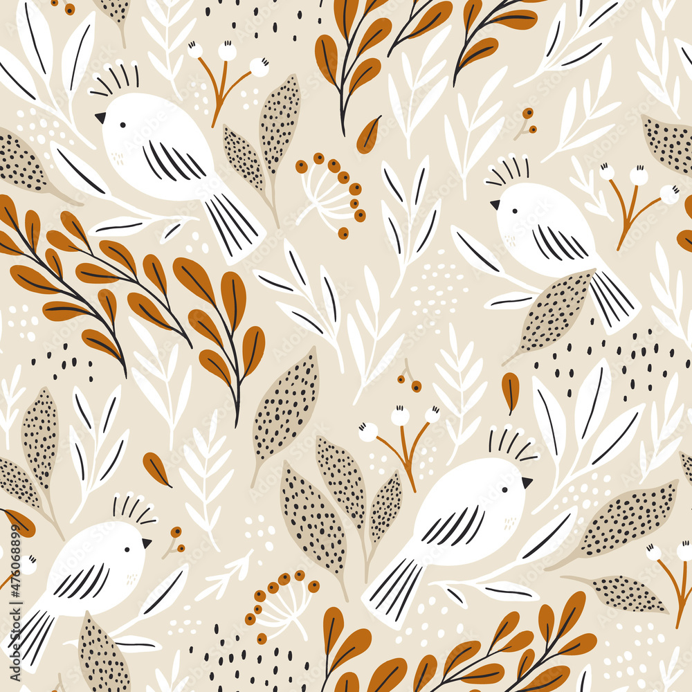 Seamless botanical pattern with white birds and floral surrounding ...