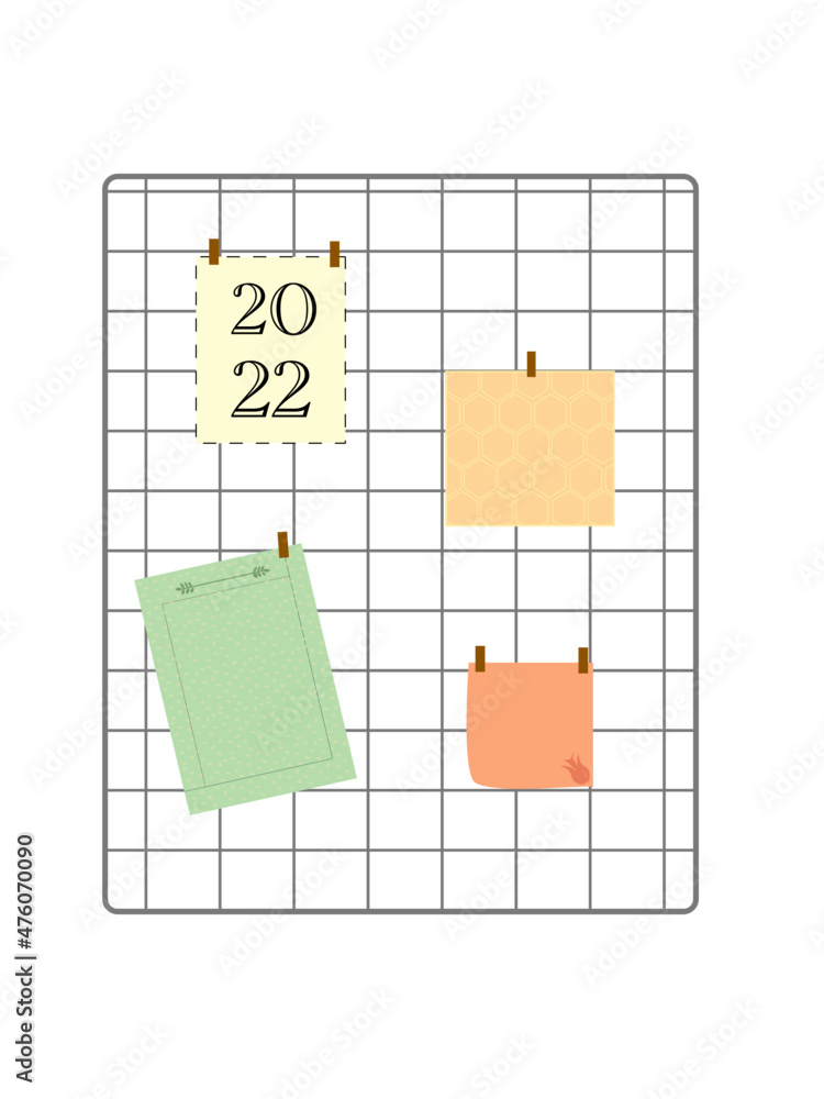 note board wire grid. four note papers. 2022 lettering, leaf pattern ...