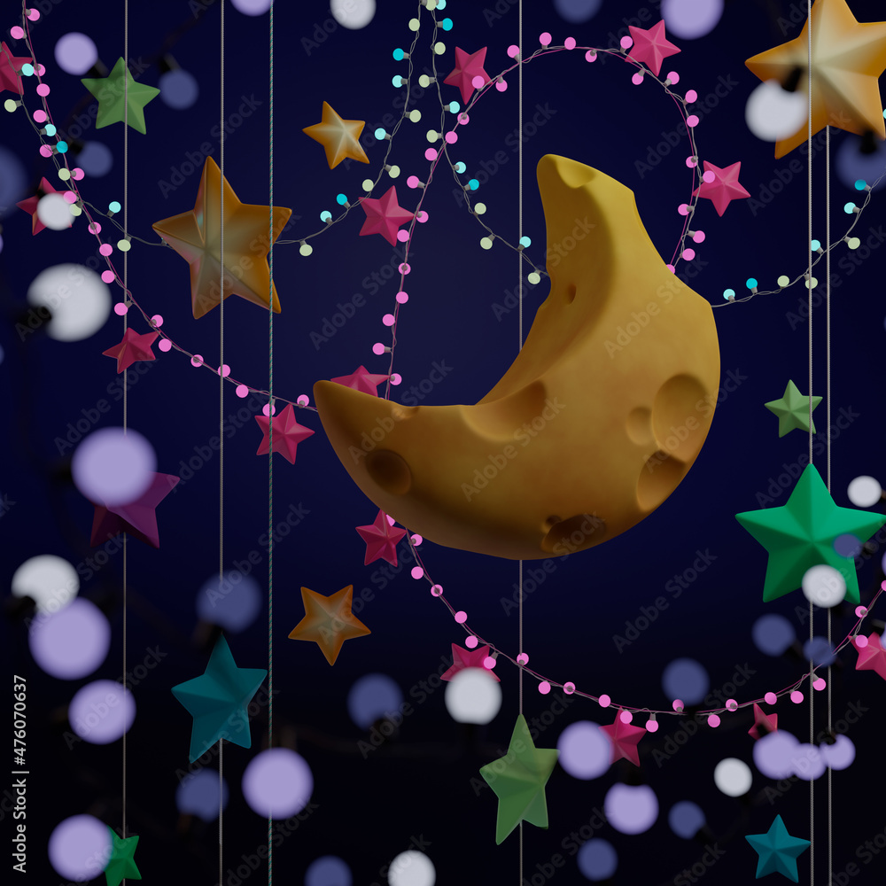 Cartoon moon and stars on dark background.Colorful 3d illustration ...