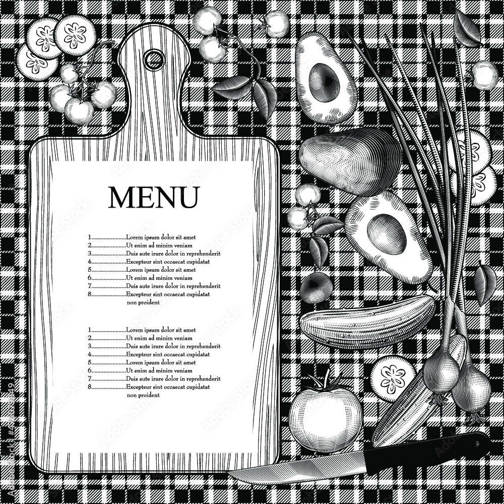 Food menu, restaurant template design. Flyer cafe. Vintage engraving ...