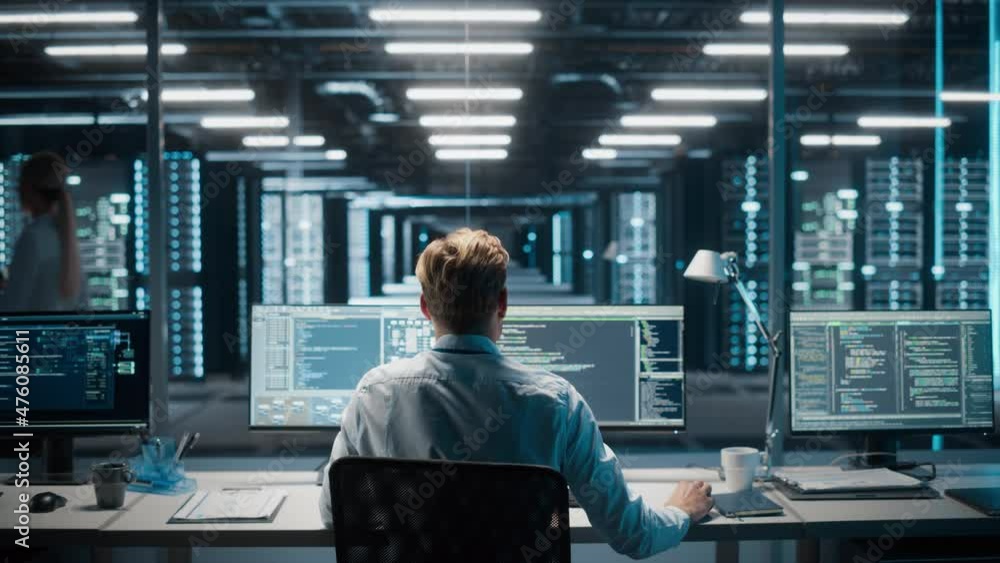 High-Tech Data Center: IT Specialist System Administrator Monitoring ...