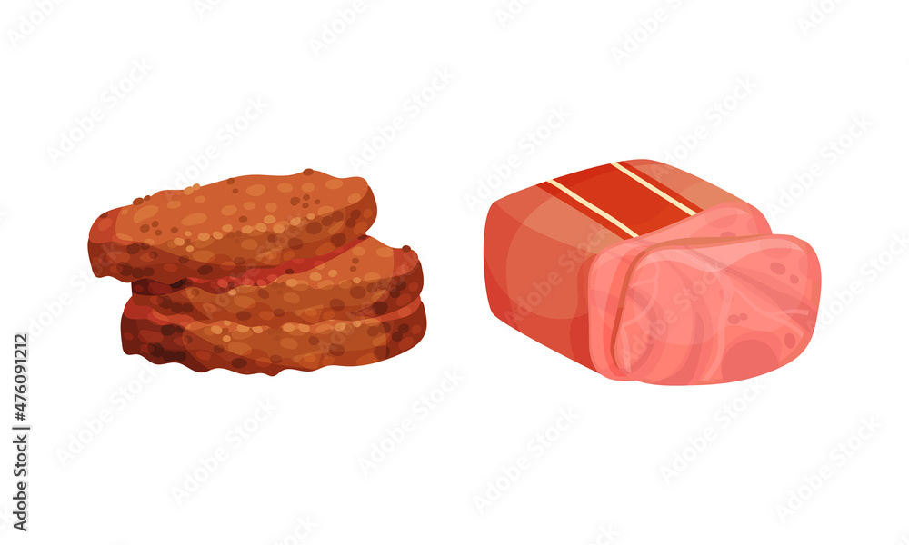 Meat patty and ham set. Ingredients for burger and sandwich vector ...