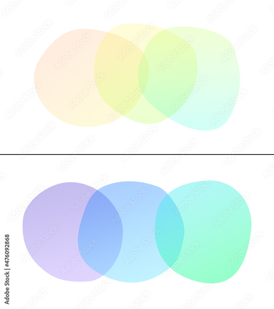 Transparent, uneven and overlapping colorful roundish blobs on white. Two abstract high ...