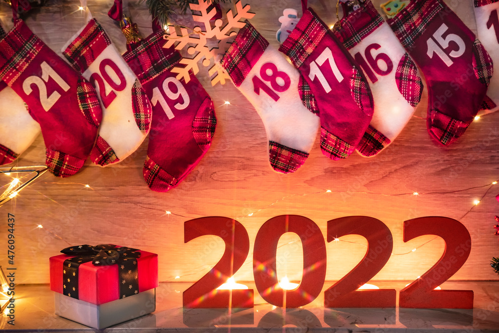 Festive card for Christmas and New Year 2022. Composition with numbers ...