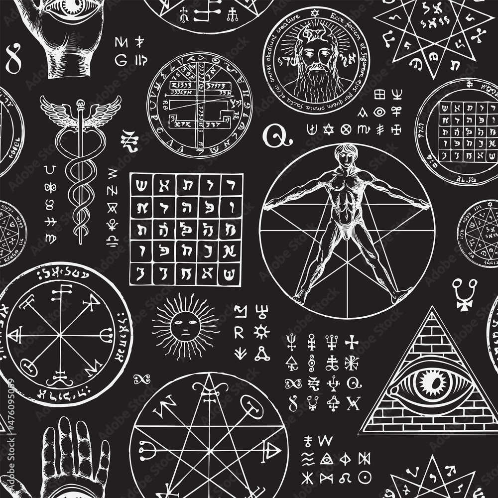 Abstract seamless pattern with hand-drawn vitruvian man, pentacle, all ...