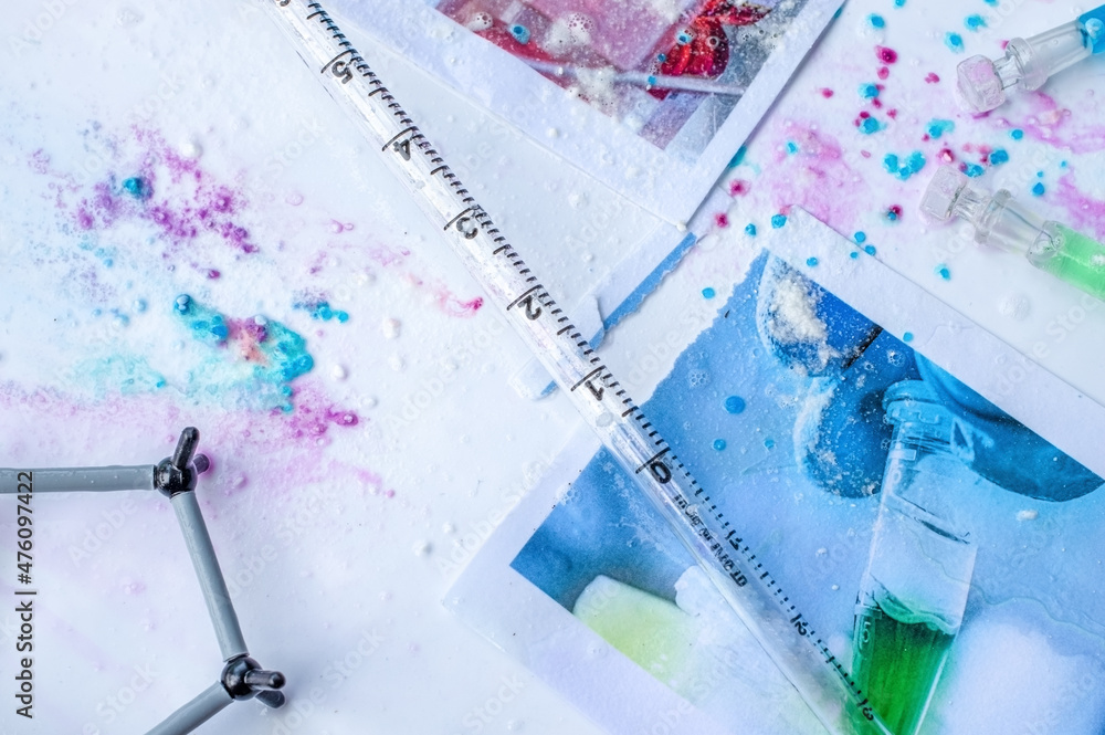 Foto de Pharmacy and chemistry concept. Glass flasks with colored ...