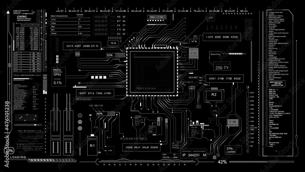 PNG Alpha.Technological motherboard electrical circuit HUD with programming text and infographic ...
