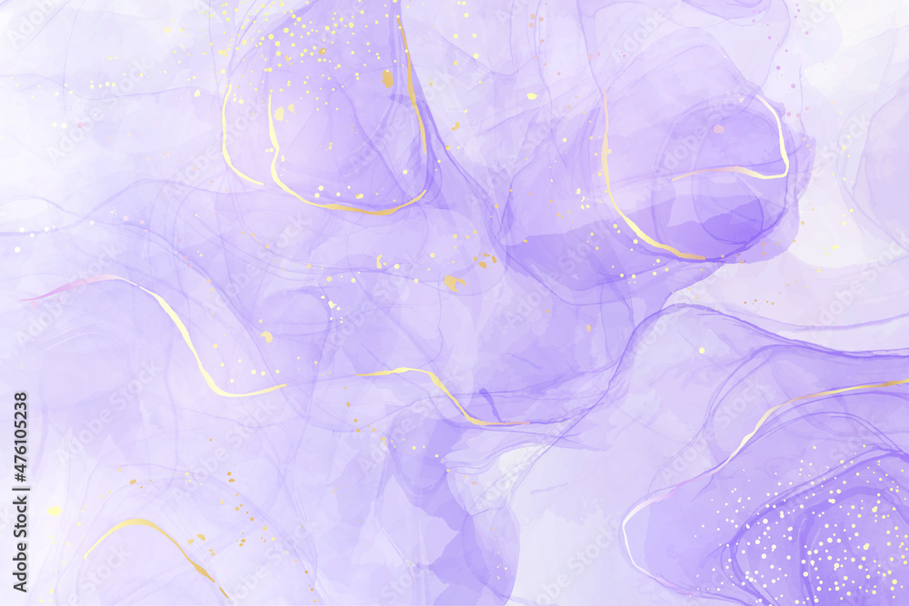 Purple lavender liquid watercolor background with golden lines. Pastel ...