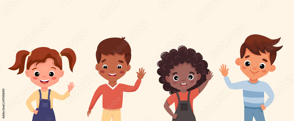 Happy cartoon children portraits set with happy smiling and waving boys ...