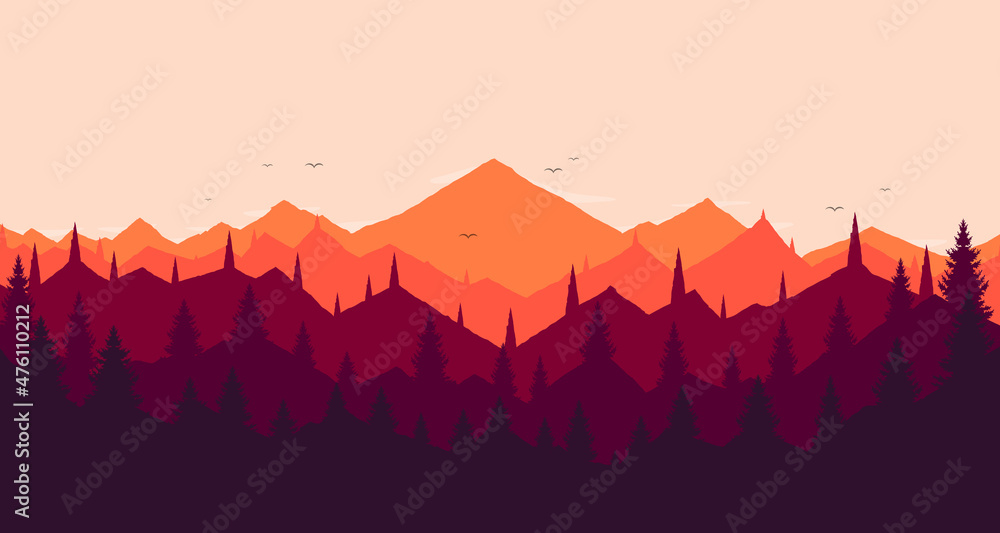 Bosque, atardecer. Vista de montañas y bosque, Horizonte. Concepto de ...